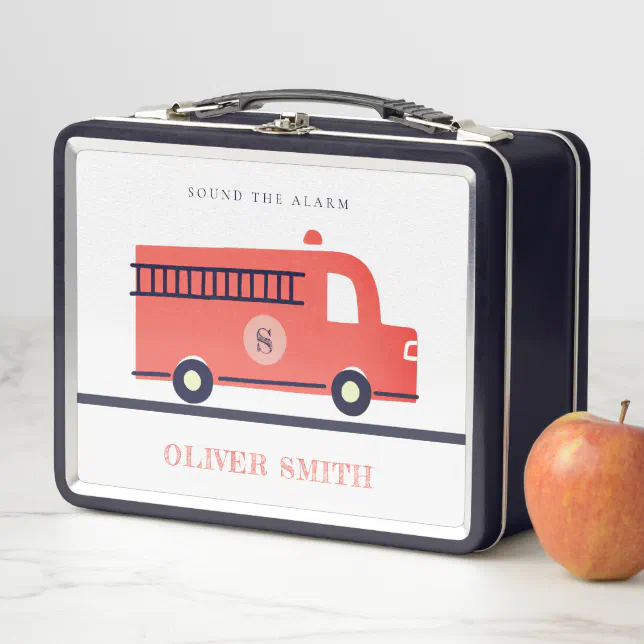 Cute Red Navy Fire Truck Engine Monogram Boys Metal Lunch Box | Zazzle