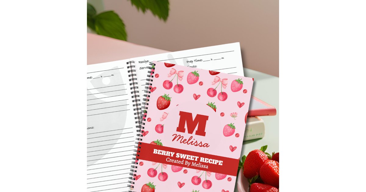Cute Red Pink Berry Sweet Monogram Recipe Notebook | Zazzle