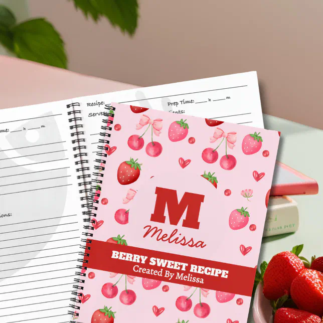 Cute Red Pink Berry Sweet Monogram Recipe Notebook | Zazzle