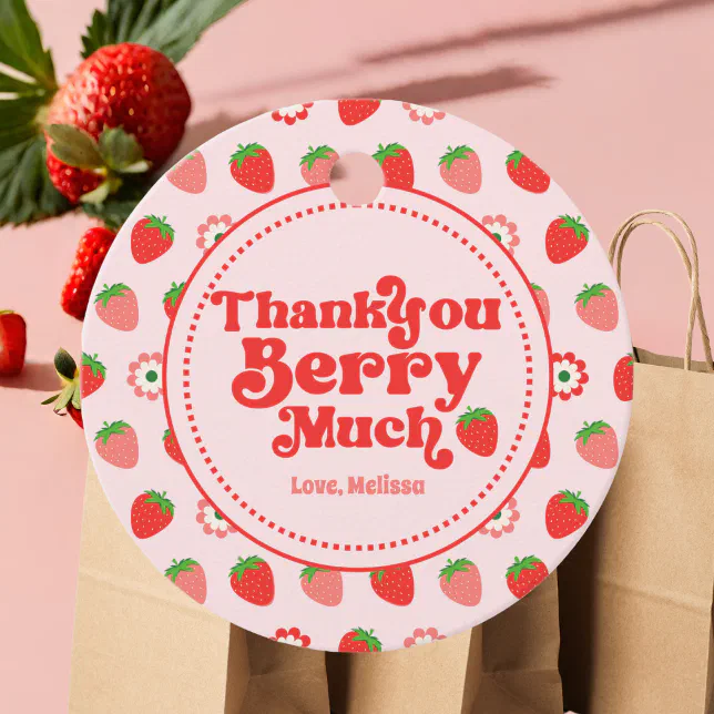 Cute Red Pink Strawberry Thank You Berry Much Favor Tags | Zazzle