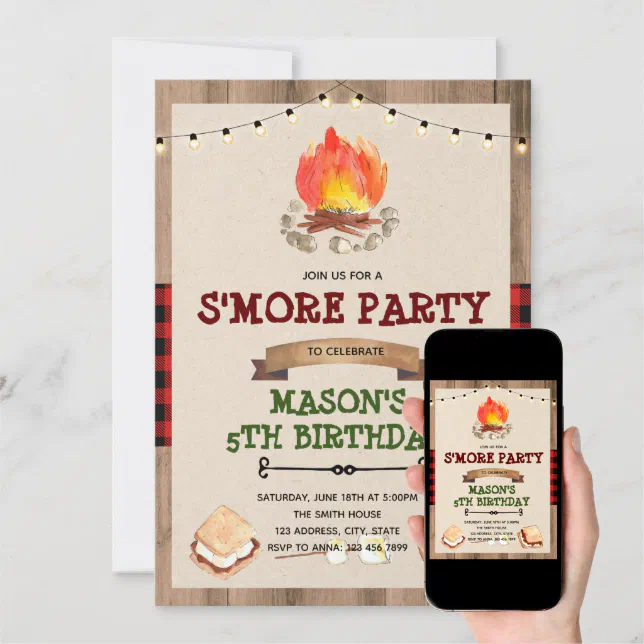 Cute red plaid smore bonfire party invitation | Zazzle
