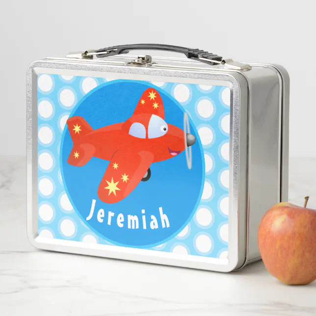 Cute red plane flying cartoon illustration metal lunch box | Zazzle