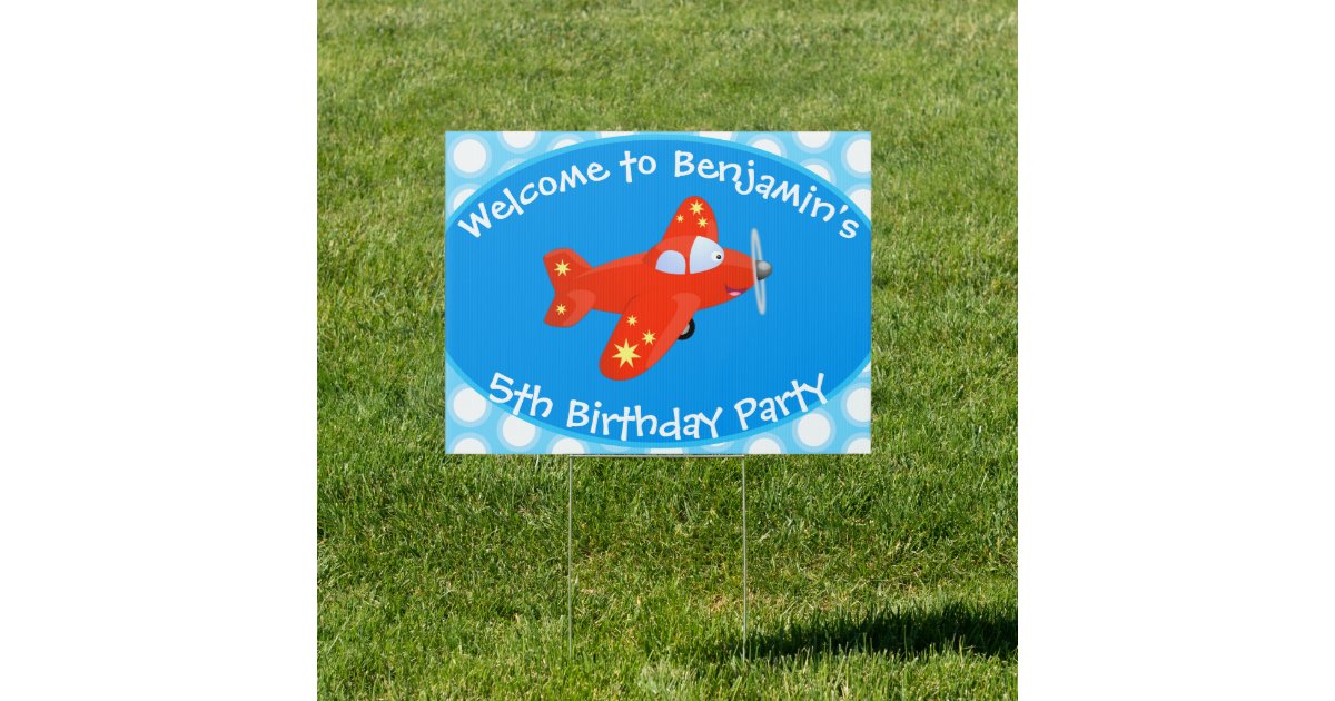 Cute red plane flying cartoon illustration sign | Zazzle