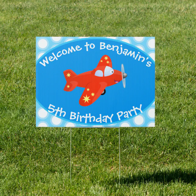 Cute red plane flying cartoon illustration sign | Zazzle