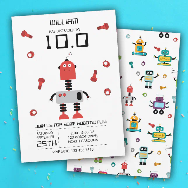 Cute Red Robot Theme Kids Robots Birthday Party Invitation | Zazzle