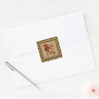 Cute Red Squirrel On Faux Jute Burlap Square Sticker | Zazzle