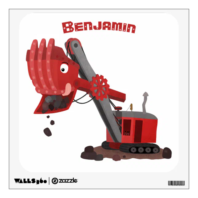 Cute red steam shovel digger cartoon illustration wall decal | Zazzle