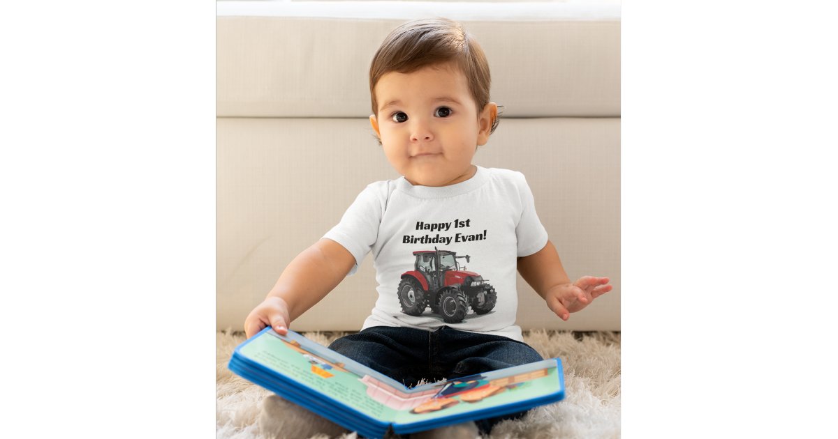 Cute Red Tractor Farm Equipment 1st Birthday Party Baby T-Shirt | Zazzle