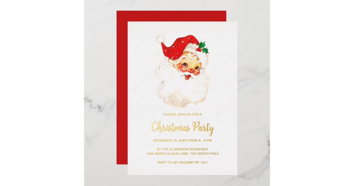 Cute Red Vintage Santa Claus Christmas Party Gold Foil Invitation | Zazzle