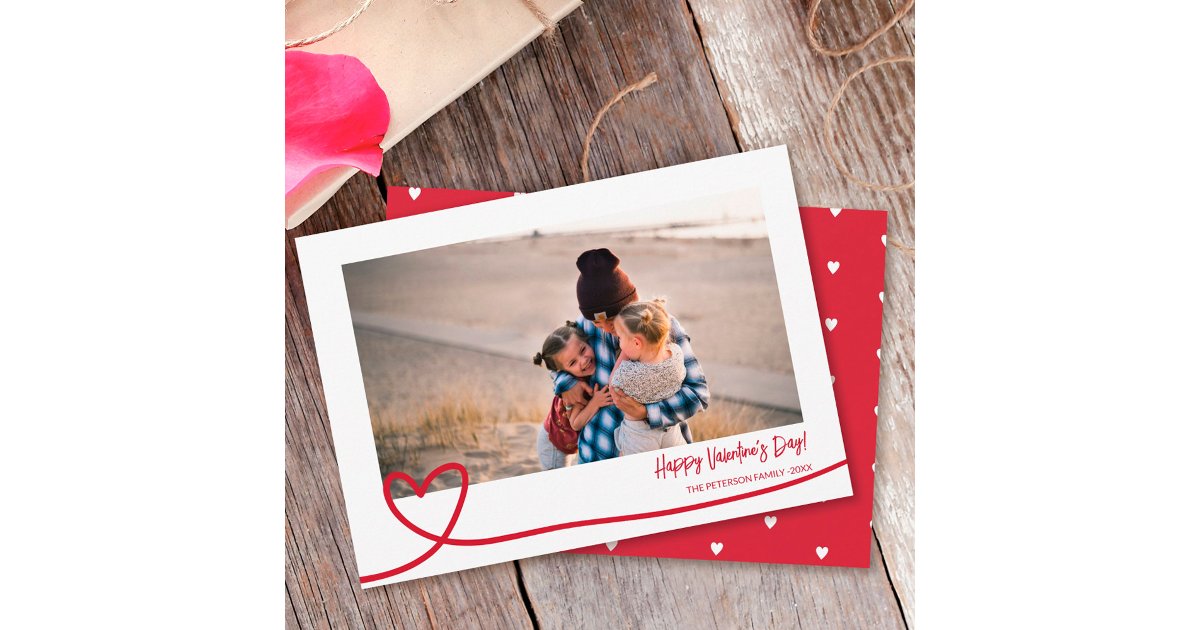 Cute red white line heart photo valentine day holiday card | Zazzle