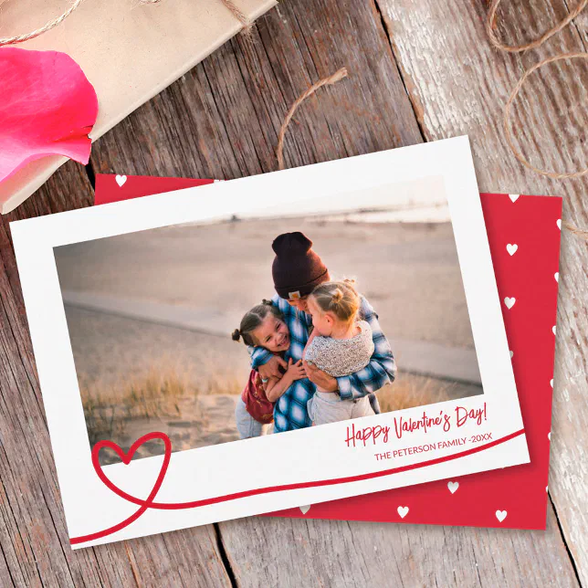 Cute red white line heart photo valentine day holiday card | Zazzle