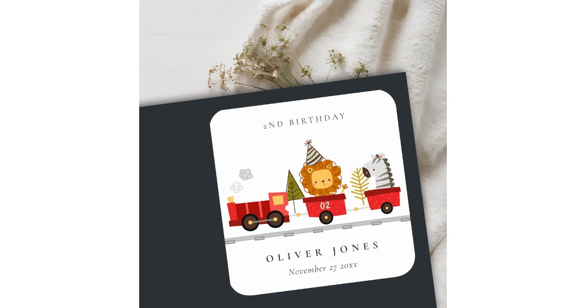 Cute Red Woodland Animal Train Any Age Birthday Square Sticker | Zazzle