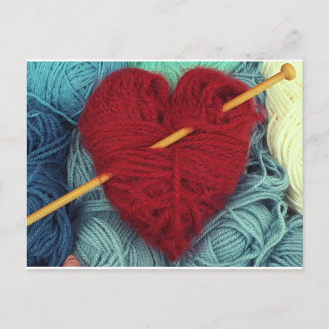 Cute red wool heart with knitting needle postcard | Zazzle
