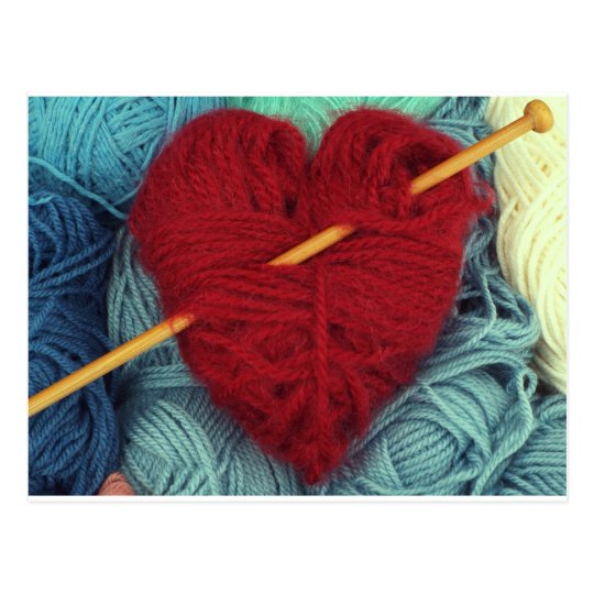 Cute red wool heart with knitting needle postcard | Zazzle.com