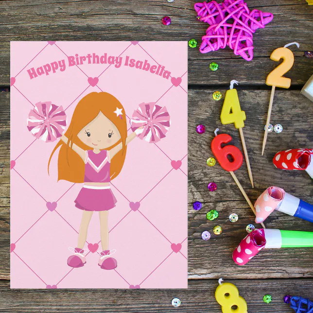Cute Redhead Cheerleader Pink Custom Birthday Card | Zazzle
