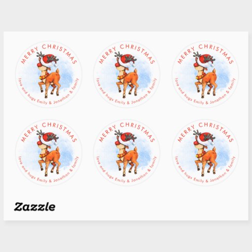 Cute Reindeer in Santa Hat Name Merry Christmas Classic Round Sticker ...