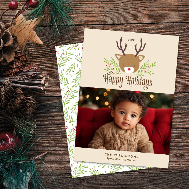 Cute Reindeer Neutral Happy Holidays Photo Card | Zazzle