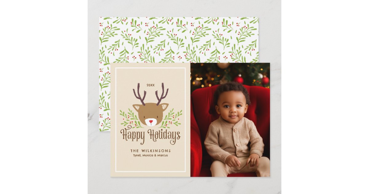 Cute Reindeer Neutral Happy Holidays Photo Card | Zazzle