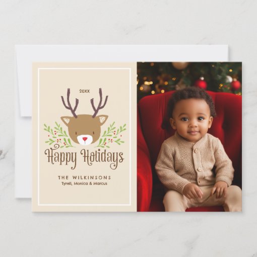 Cute Reindeer Neutral Happy Holidays Photo Card | Zazzle