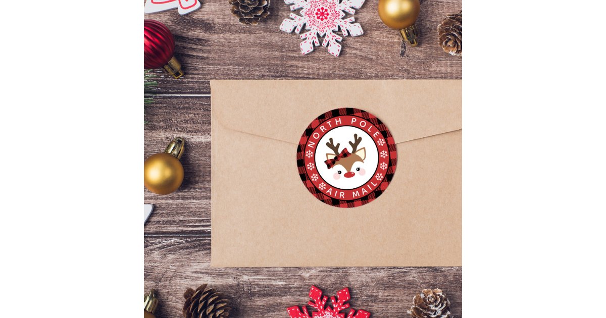 Cute Reindeer Plaid Bow North Pole Air Mail Classic Round Sticker | Zazzle