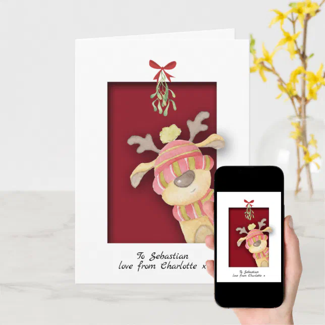 Cute Reindeer With Mistletoe Christmas Card | Zazzle