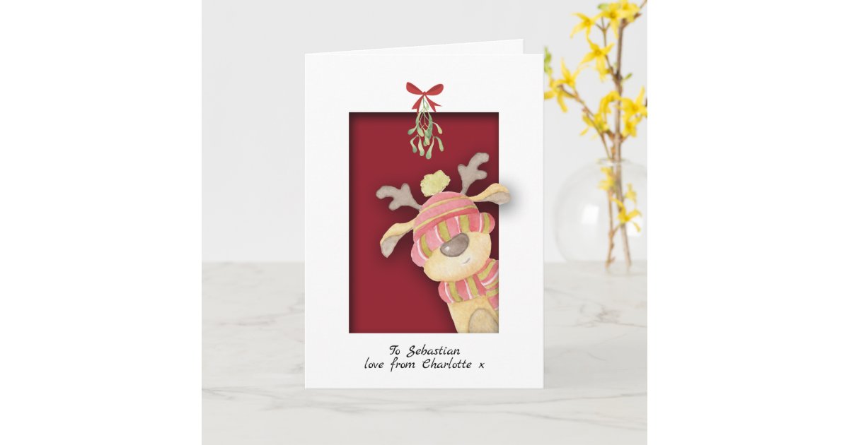 Cute Reindeer With Mistletoe Christmas Card | Zazzle