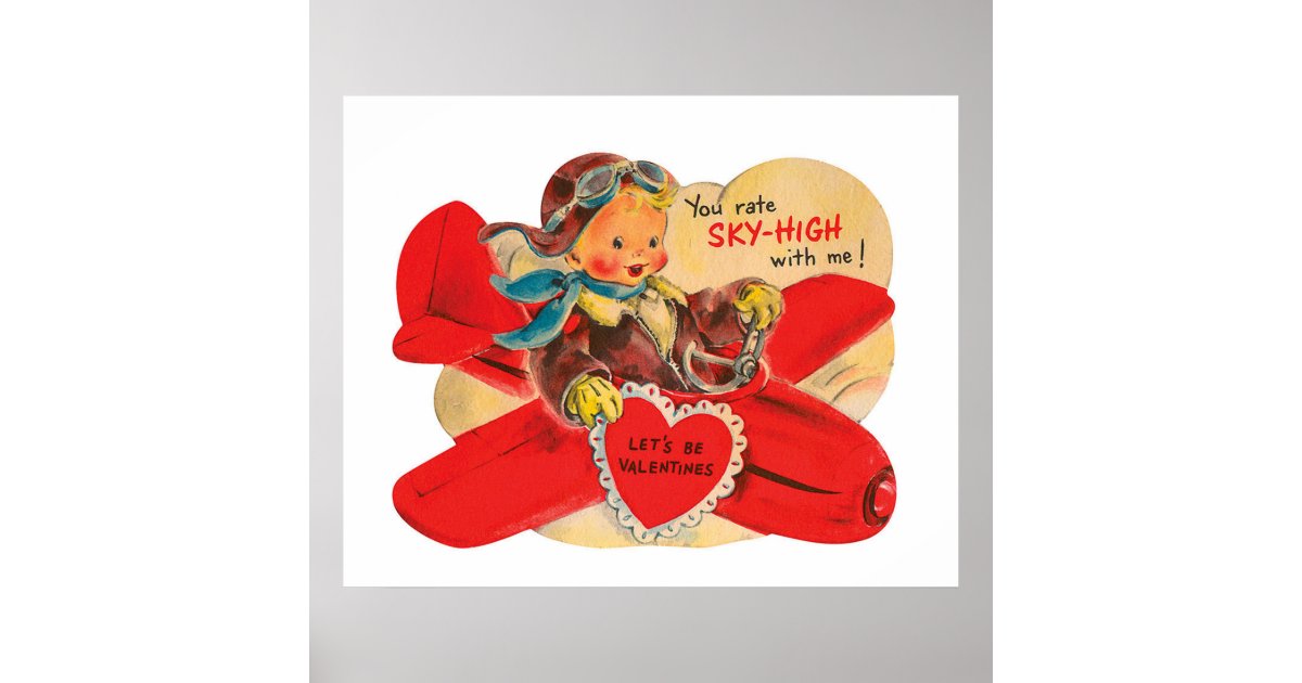 Cute retro airplane Valentine poster | Zazzle