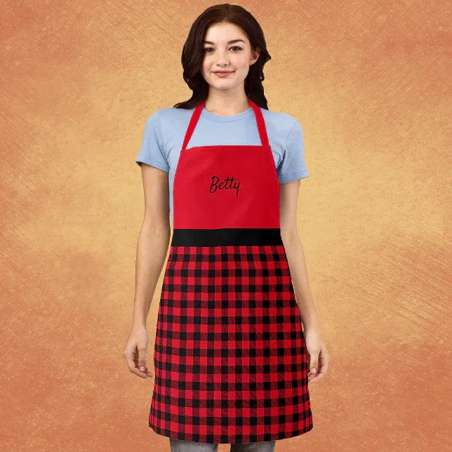 Cute Retro Black and Red Buffalo Plaid Customized Apron | Zazzle