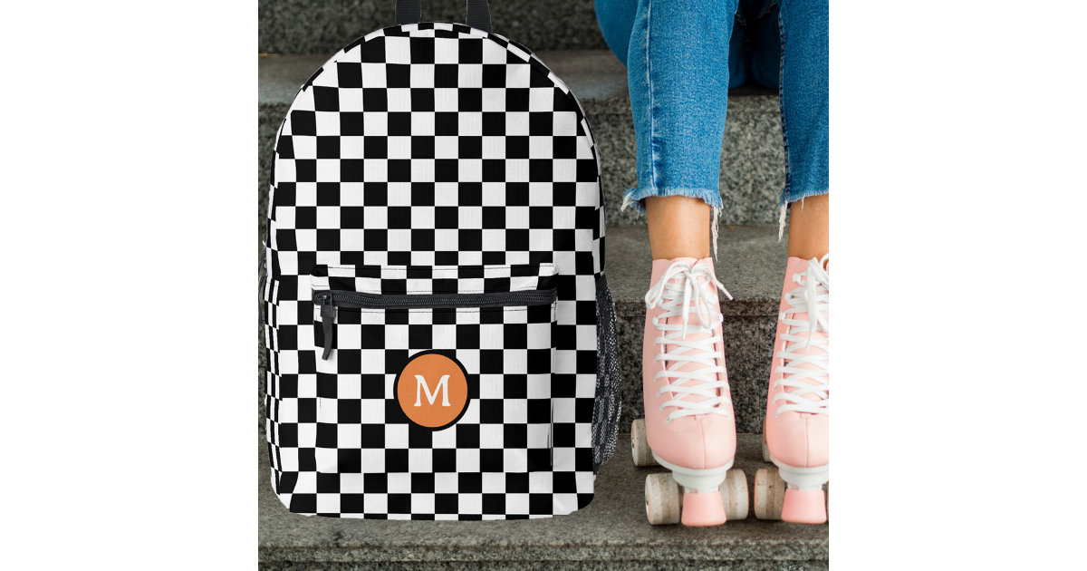 Cute Retro Checkerboard Monogram Black and White Printed Backpack | Zazzle