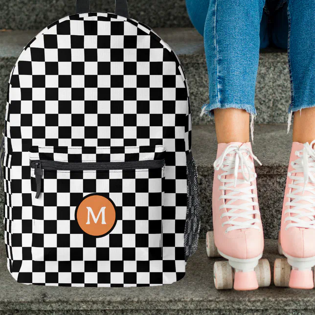Cute Retro Checkerboard Monogram Black and White Printed Backpack | Zazzle