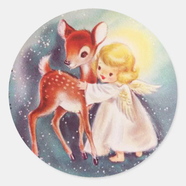 Cute Retro Christmas Angel Girl With Deer Classic Round Sticker | Zazzle