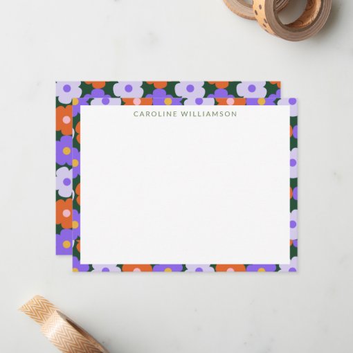 Cute Retro Flower Purple Green Personalized Name Note Card | Zazzle