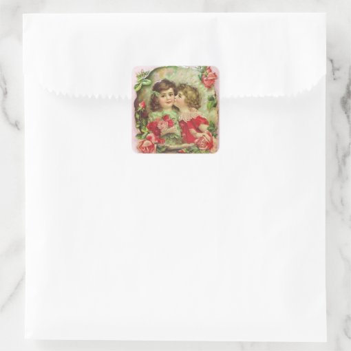 Cute Retro Girls With Roses Square Sticker | Zazzle