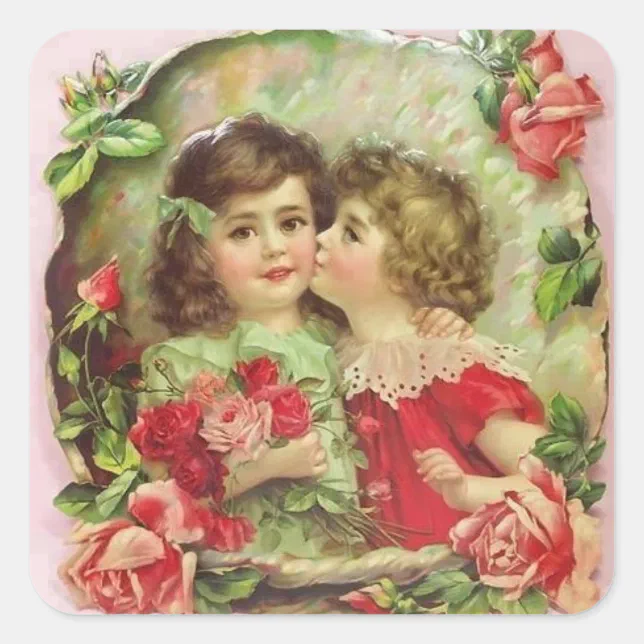 Cute Retro Girls With Roses Square Sticker | Zazzle