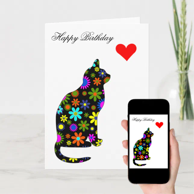 Cute Retro Girly Birthday Floral Cat Feline Heart Card | Zazzle