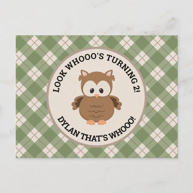 Cute Retro Green Plaid Owl Birthday Invitation Postcard | Zazzle