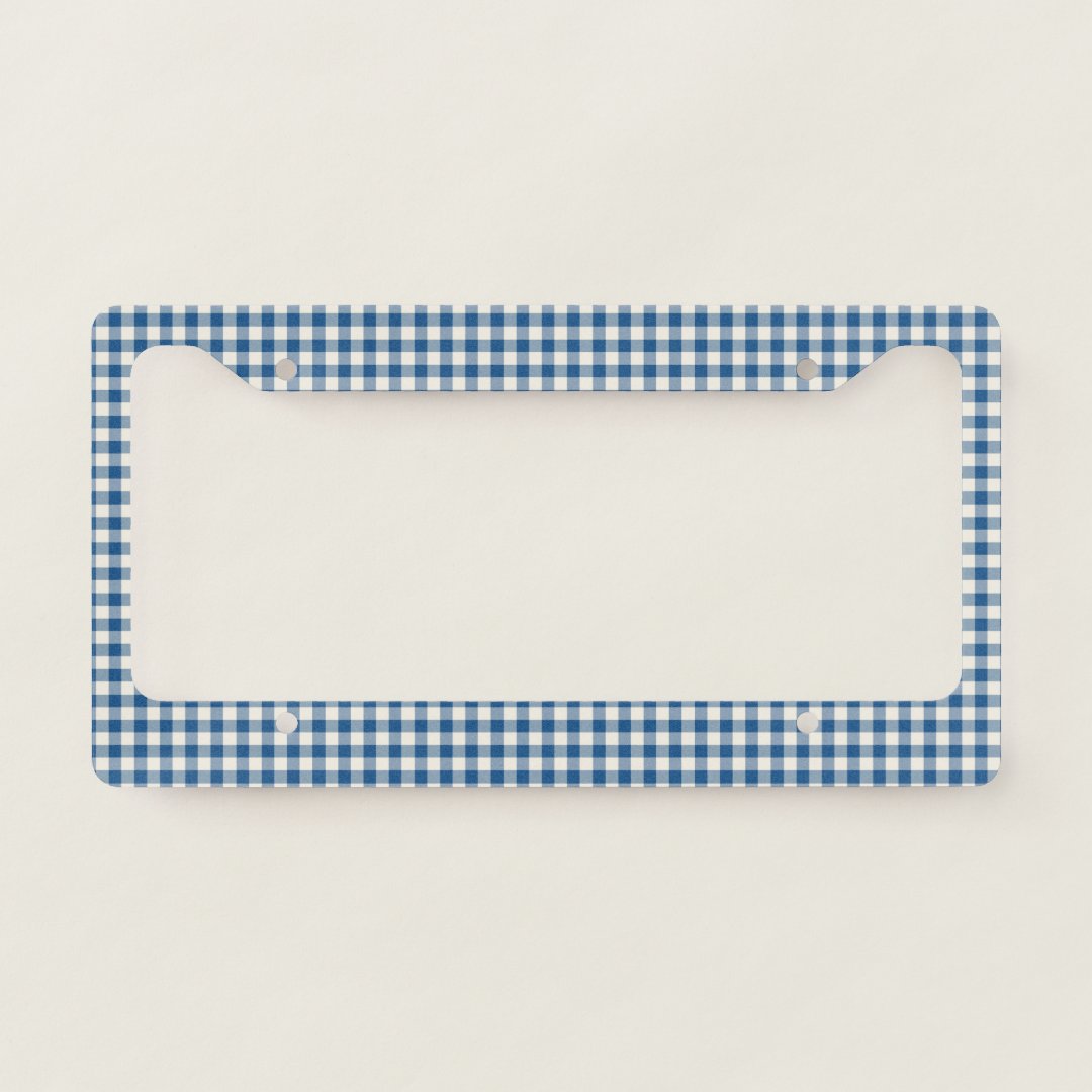 Cute Retro Navy Blue Gingham Plaid Pattern License Plate Frame | Zazzle