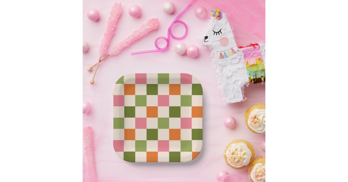 Cute Retro Orange Pink Green Checkerboard Pattern Paper Plates | Zazzle