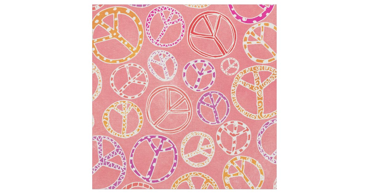 Cute Retro Peace Signs Girly Pink Pattern Fabric | Zazzle
