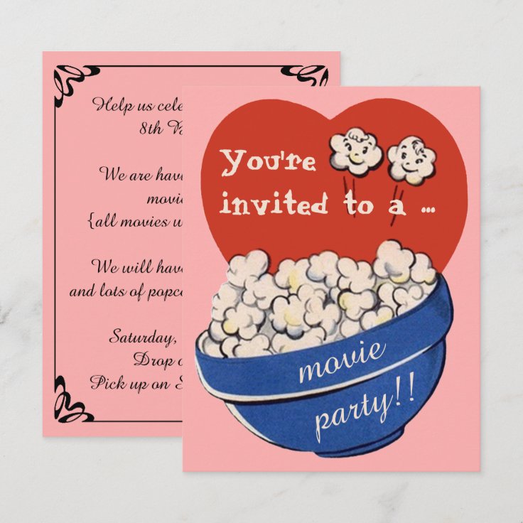 Cute Retro Popcorn and Movie Night Birthday Party Invitation | Zazzle