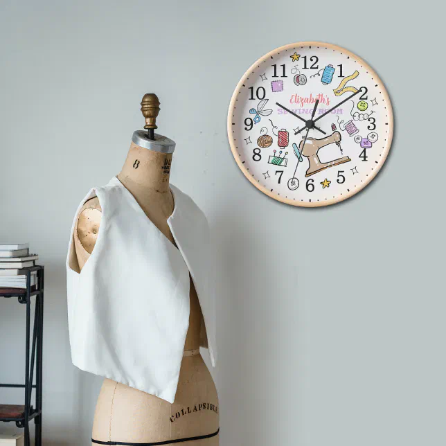 Cute Retro Sewing Room Custom Wood Wall Clock | Zazzle