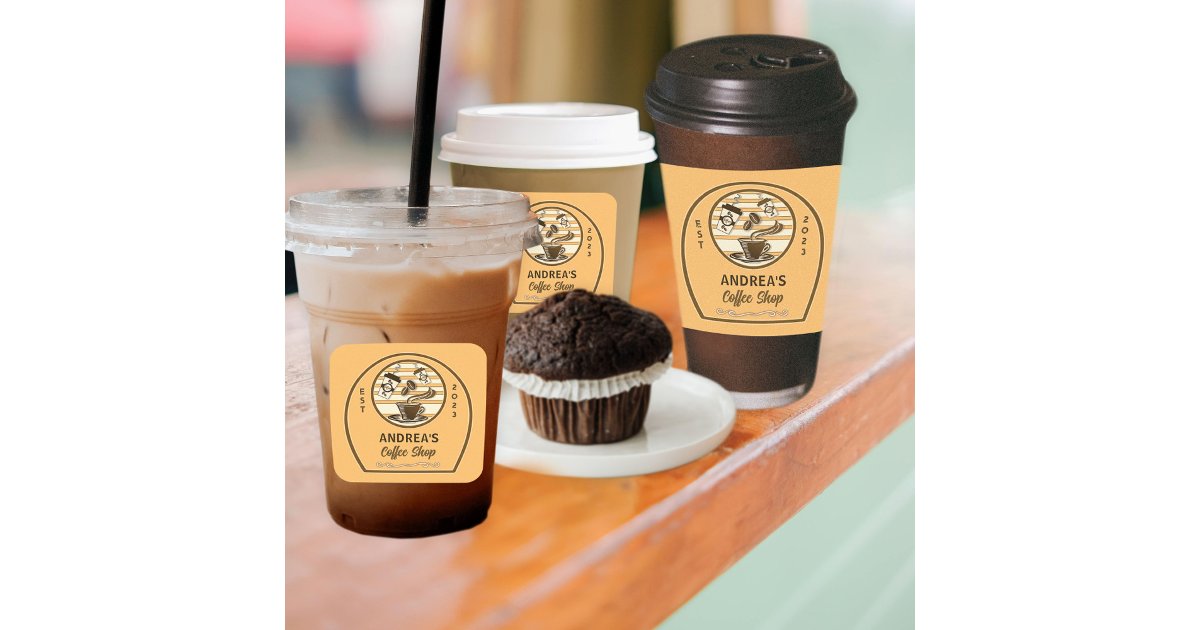Cute Retro Style Trendy Coffee Shop Custom Logo Square Sticker | Zazzle