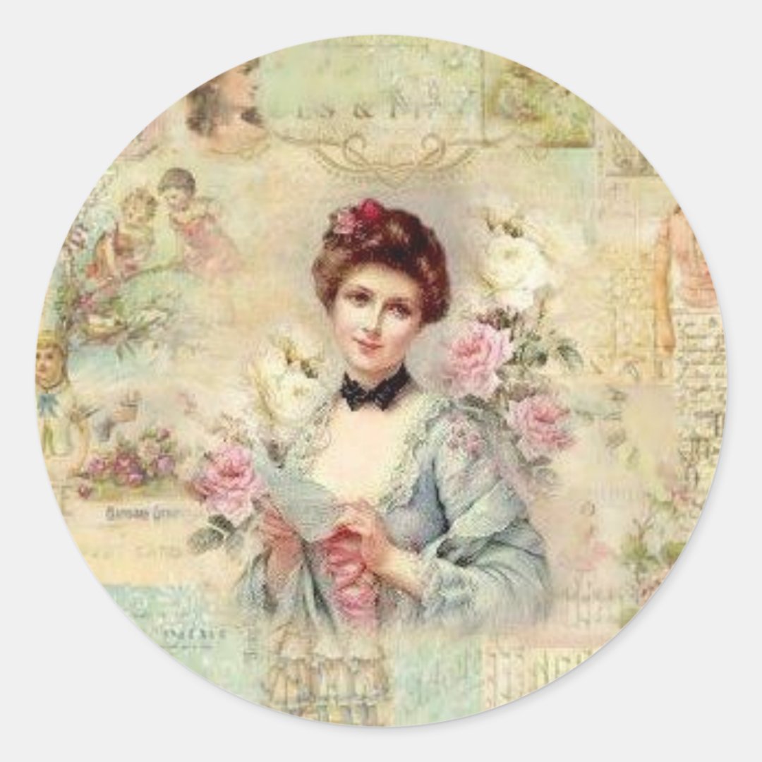 Cute Retro Victorian Woman With Roses Classic Round Sticker | Zazzle