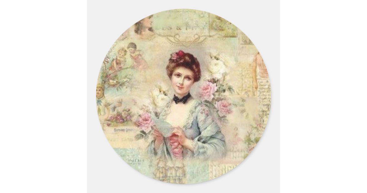 Cute Retro Victorian Woman With Roses Classic Round Sticker | Zazzle
