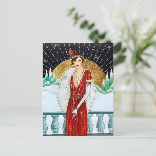Cute retro vintage art deco Christmas lady Holiday Postcard | Zazzle