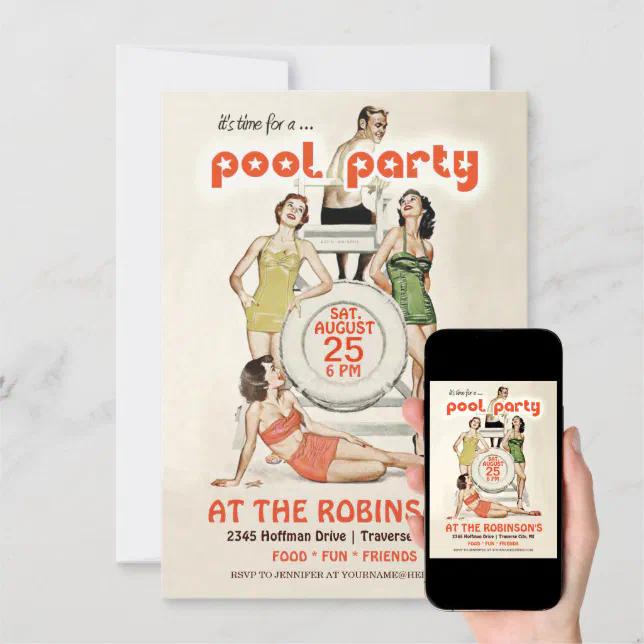 Cute Retro Vintage Pool Party Invitation | Zazzle