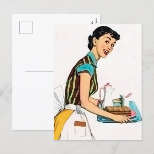 Cute retro vintage serving lady postcard | Zazzle