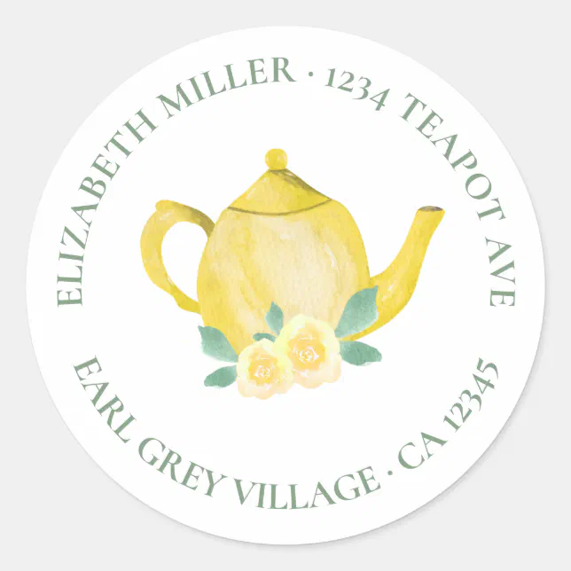 Cute Return Address Watercolor Yellow Teapot Classic Round Sticker | Zazzle