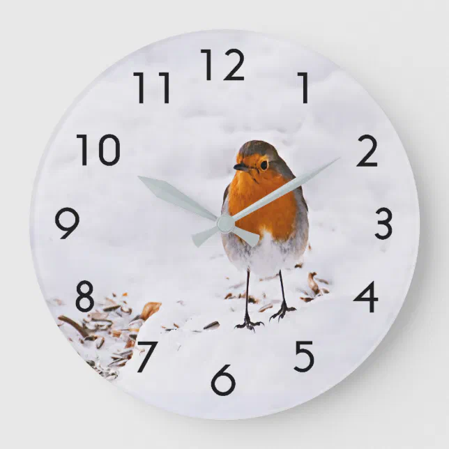 Cute Robin bird in snow Large Clock | Zazzle