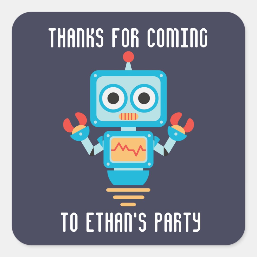 cute robot birthday party thank you square sticker | Zazzle